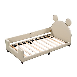 Merax Cute Kids Wood Twin Day Bed with Mouse Ears Headboard, Low Platform Bed Frame for Kids,Boys,Girls, No Box Spring Need (Twin, Grey)