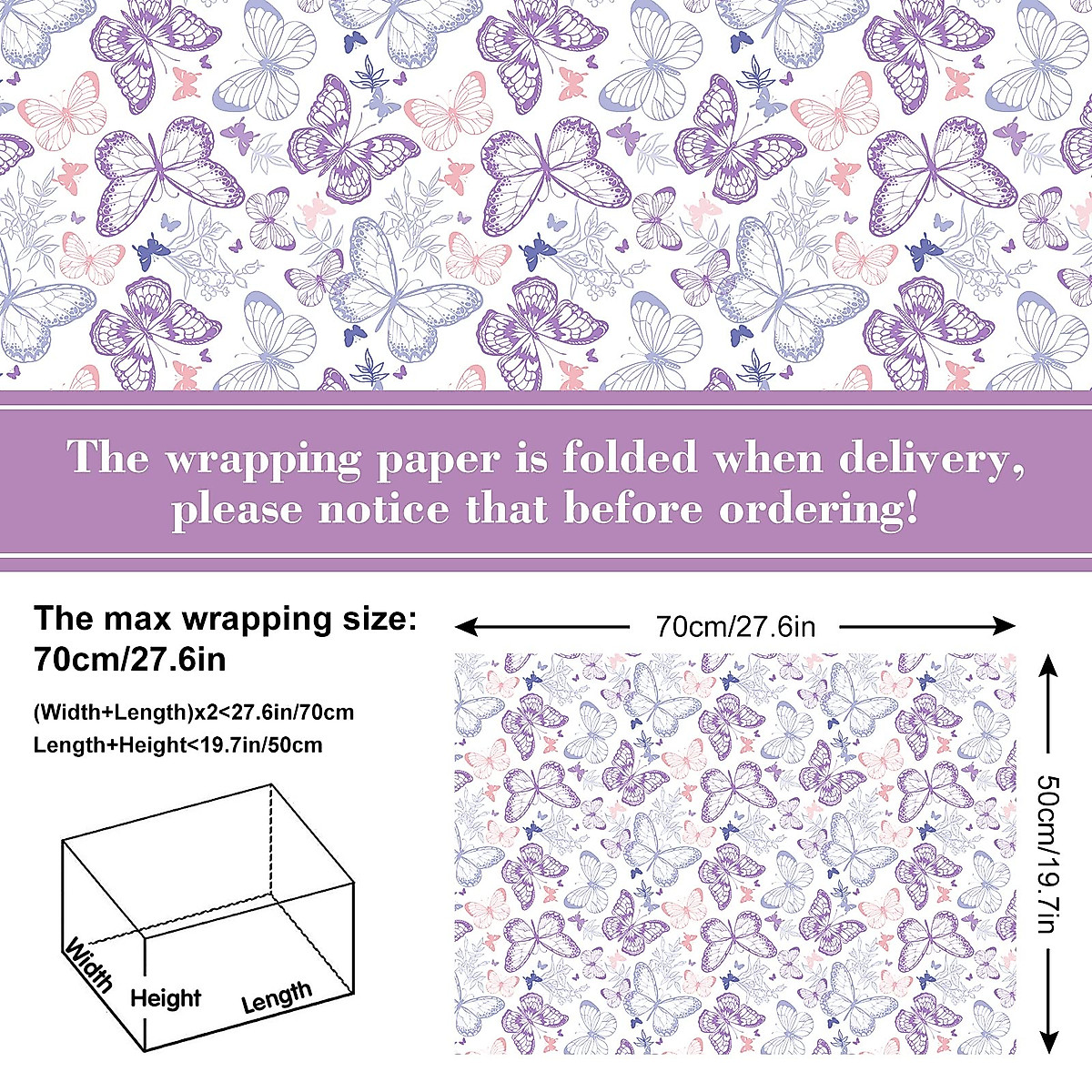 AnyDesign 12 Sheet Butterfly Wrapping Paper Purple Pink Butterfly Gift Wrap Paper Bulk Spring Art Paper for Wedding Baby Shower Birthday DIY Crafts Gift Packing,19.7 x 27.6 Inch, Folded Flat, 4 Design