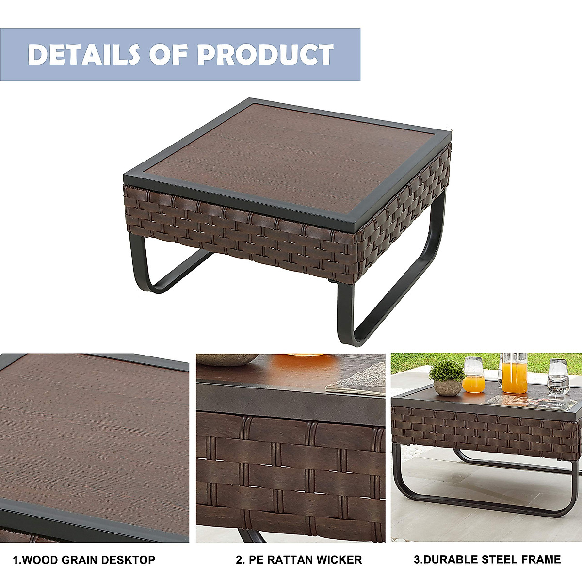 LOKATSE HOME Patio Dining Furniture Outdoor Square Bistro Side Coffee Table with Rattan Wicker Metal Slatted Steel Frame Aluminum Plastic Plate Wood Grain Desktop, Brown