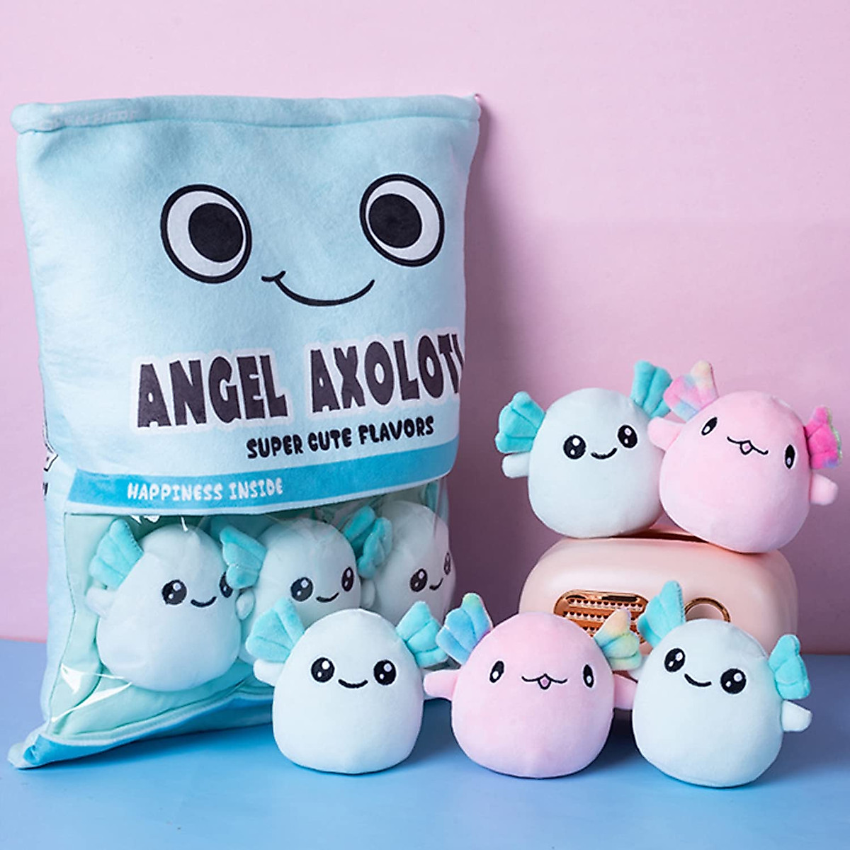 Nenalayo Plushies Doll a Bag of Axolotl Plush Toy Stuffed Soft Snack Pillow Plush Toy for Birthday Gift, Stuffed Toy Game Pillow Cushion Gift for Kids (Blue 6 Balls)