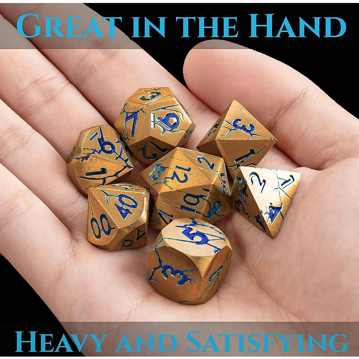 DND Metal Dice - Pharaoh Ruins Gold with Blue Cracks - Polyhedral Dice Set for D&D, RPG and More - Beautifully Detailed for Dungeons and Dragons