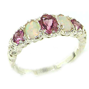 LetsBuyGold 925 Sterling Silver Real Genuine Pink Tourmaline and Opal Womens Band Engagement Ring - Size 6