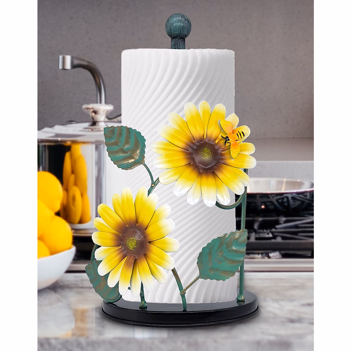 Metal Apple Blossom Paper Towel Holder Countertop, Kitchen Paper Towel Stand Holder for Kitchen Organization and Storage, One-Handed Operation Countertop Roll Dispenser for Standard and Large Rolls