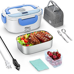 COROTC 60W Electric Lunch Box, 12V/24V/110V 3 In 1 Leak Proof Food Warmer Lunch Box For Car/Truck/Home/Office, 1.5L Portable Food Warmer With 304 Stainless Steel Tray, Fork, Spoon, Compartment