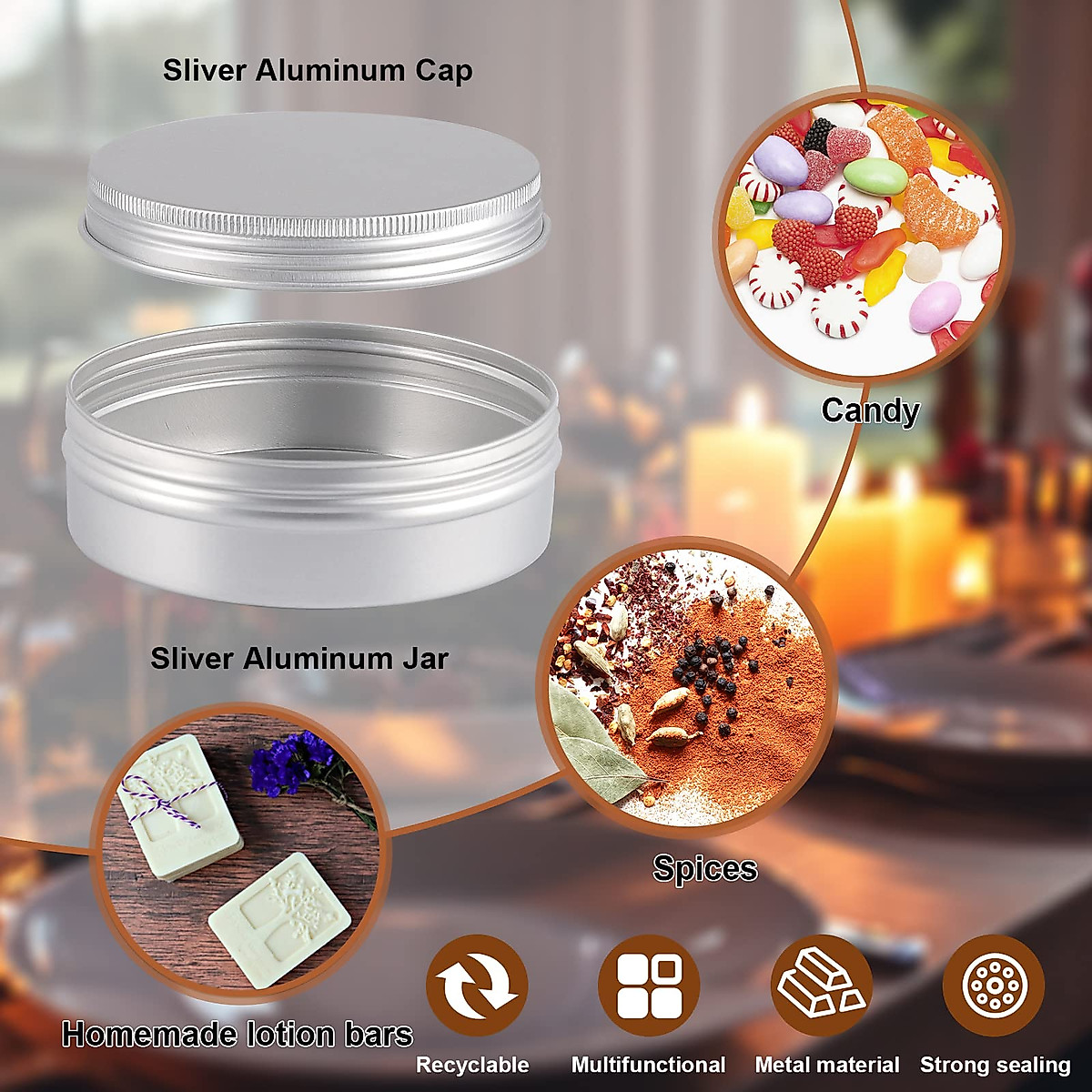 OBKJJ 60 Pack Round Cans with Screw Lid 4 Oz Aluminum Metal Tins DIY Food Candle Containers for Lotion Bars, Balms, Salve, Spices, Beard Balm, Crafts with 4 Markers 2 Sheets Label Stickers