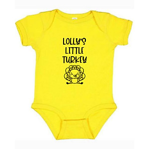 Lolly's Little Turkey Color Infant Bodysuit, Fall Baby Shower Newborn Gift, Pregnancy Reveal Onesie Present, Thanksgiving, Unisex (6M, Short Sleeve, Yellow)