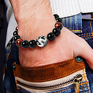 Merdia Men's Tiger Eye Stretch Bracelet with Dragon King Pattern Bead(12MM Silver Dragon)