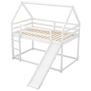 DreamBuck House Bunk Bed with Slide, Solid Wood Low Bunk Bed Twin Over Twin with Roof and Safety Guardrail, Twin Floor Bunk Bed for Kids Teens Girls Boys, No Box Spring Needed, White