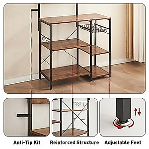 Leesingdo Kitchen Bakers Rack with Power Outlet, Microwave Stand, Coffee Bar Kitchen Storage Rack with Wire Basket, 6 Hooks, Kitchen Shelves for Spices, Pots, and Pans, Rustic Brown