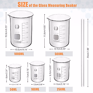 Feekoon 10 Pieces Glass Measuring Beaker and Graduated Measuring Cylinder with Stirring Rod 50/100/ 250/500/ 1000 ml Thick Glass Beakers and 5/10/ 50/100 ml Graduated Cylinders for Science Lab