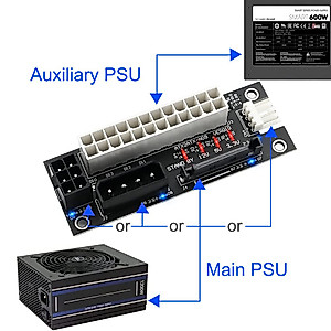 ADD2PSU Power Supply Connector 4 in 1 Molex 4Pin/SATA/ATX 6Pin/4Pin Dual PSU Multiple Power Supply Adapter, Synchronous Power Board, Add 2PSU with Power LED (Black)