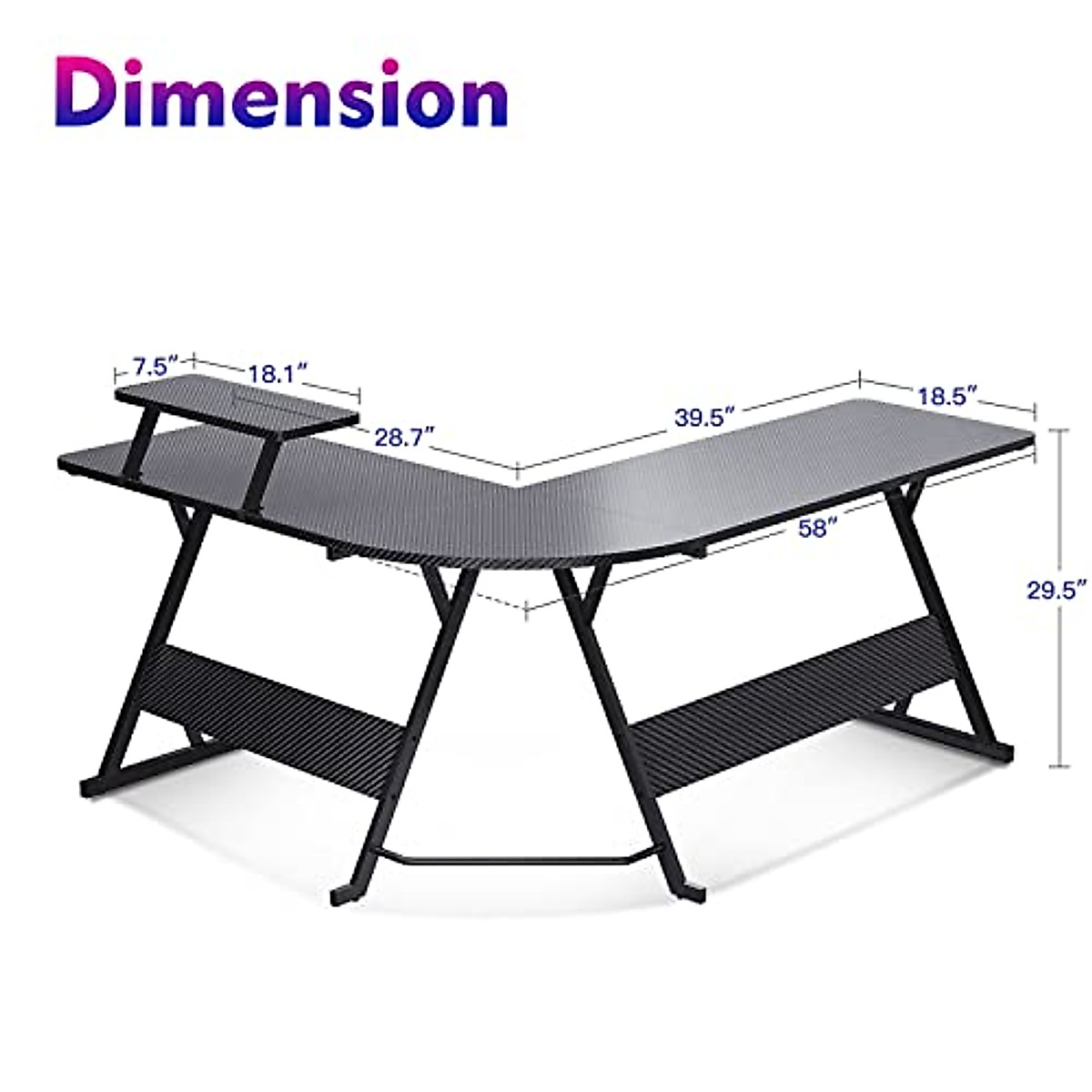 MOTPK L Shaped Gaming Desk 58 Inch, Gaming Computer Desk L Shape with Carbon Fiber Surface, Gamer Desk Gaming Table with Monitor Shelf, Cup Holder & Headphone Hook, Black