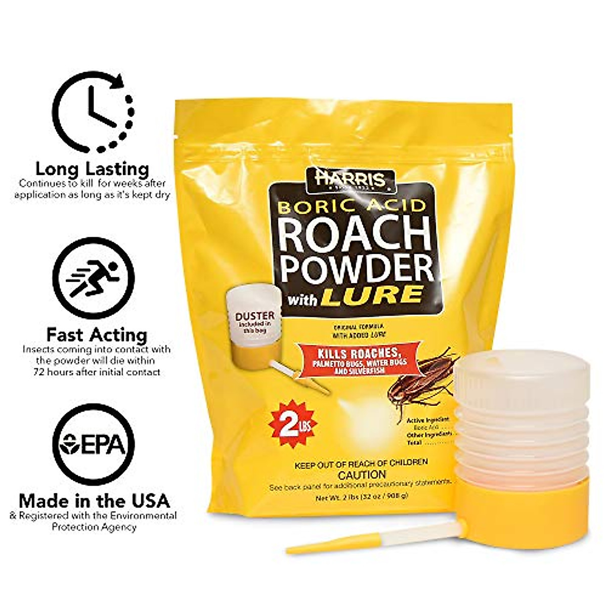 Harris Boric Acid Roach and Silverfish Killer Powder w/Lure, Powder Duster Included in The Bag (32oz)