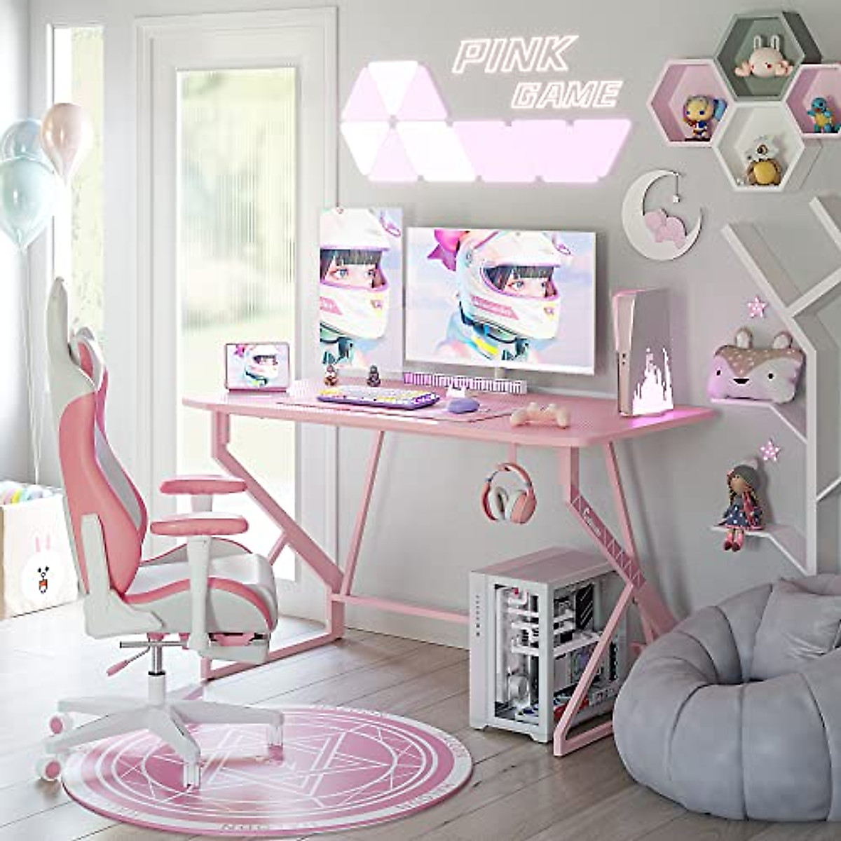 CubiCubi Simple Gaming Desk Z Shaped 40 inch Gamer Workstation, Home Computer Carbon Fiber Surface Gaming Desk PC Table with Headphone Hook, Pink