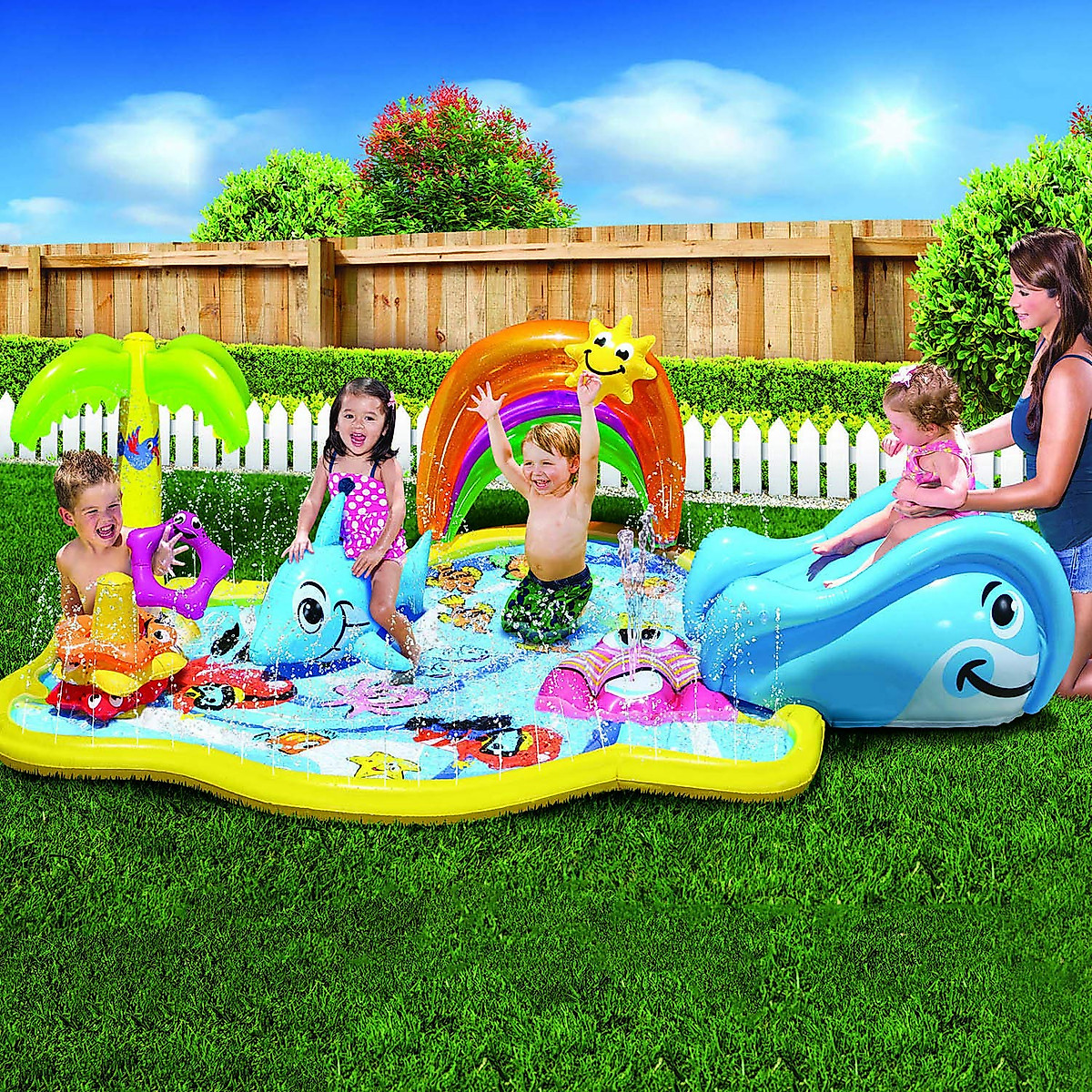 BANZAI Splish Splash Water Park JR, Length: 90 in, Width: 52 in, Height: 24 in, Junior Inflatable Outdoor Backyard Water Splash Toy, Multicolor