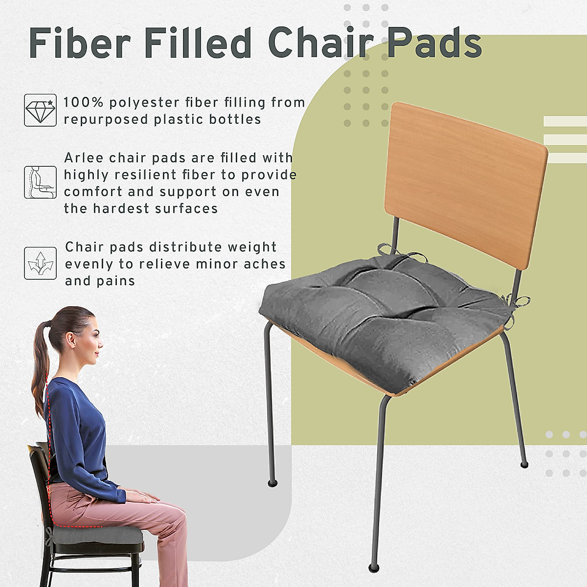 Arlee Home Fashions – Fiber Filled Premium Chair Pads - Chair Pads with Tiebacks –14” L X 15” W – Charcoal- Set of 2