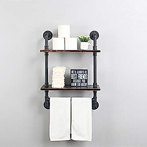 Murtain Industrial Pipe Bathroom Shelves 2-Tier Wall Mounted,19.7 Rustic Shelf with Bath Towel Bars,Farmhouse Rack,Metal & Wooden Floating Shelves,Over The Toilet Storage Shelf,Vintage Black