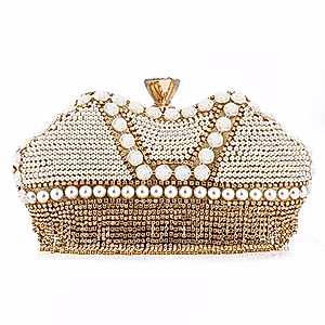 Women Crystal Evening Clutch Purse Pearl Flower Crossbody Bag Lady Tassel Wedding Party Hand Bags with Chain (Light gold)