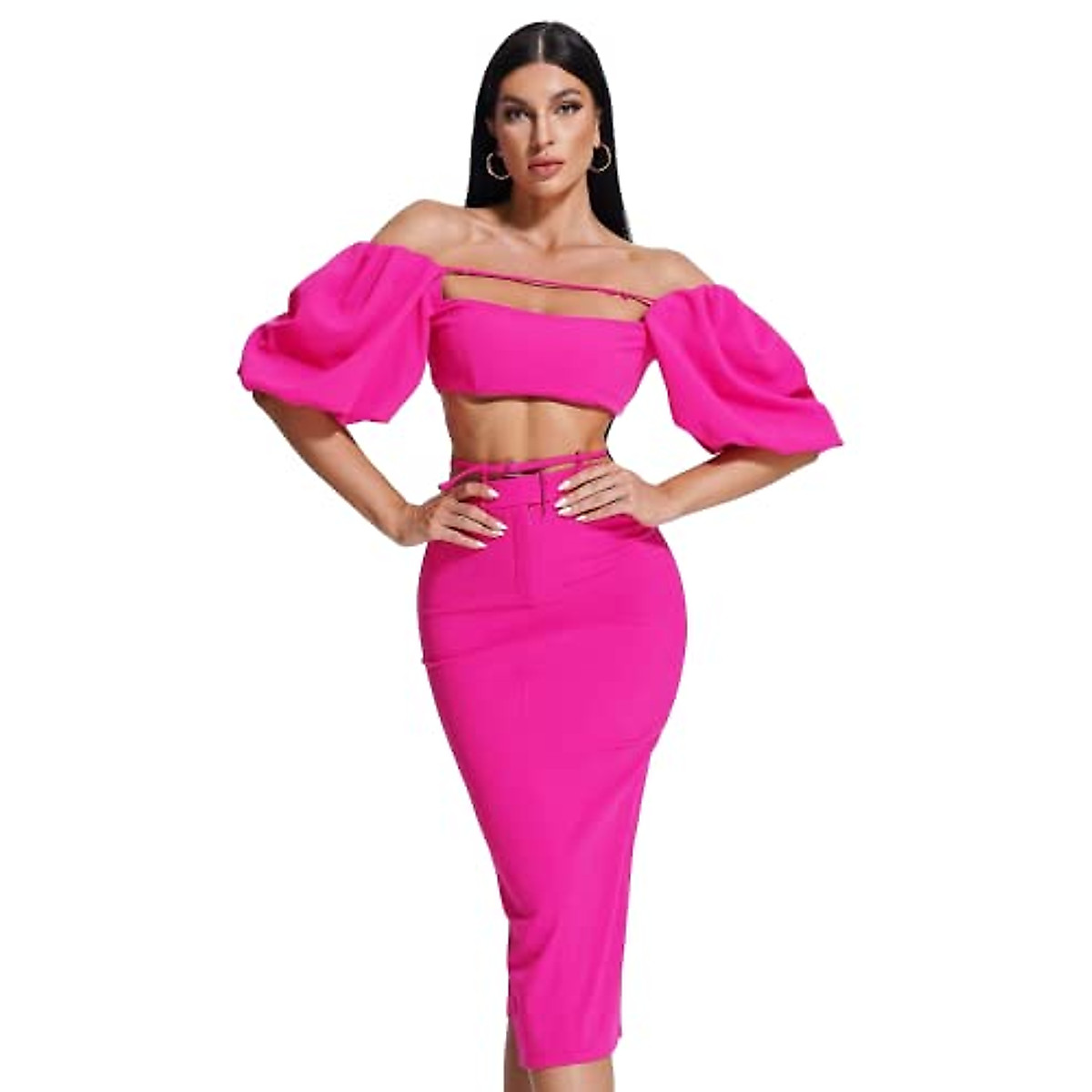 BELLA BARNETT Pink Two Piece Set for Women Puff Sleeve Dress Sexy Pink Cocktail Dress Women Corset Dress Pink Dress for Women