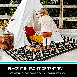 Capslpad Outdoor Rug 4'x6' Waterproof Plastic Straw Patio Rug Reversible Mat UV Resistant Outdoor Area Rug for Patio Backyard Terrace Deck Beach Picnic Balcony BBQ,Black and Beige