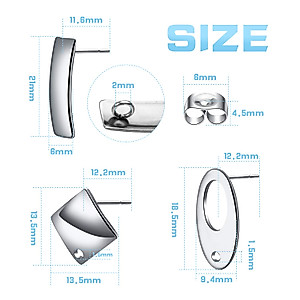 Aylifu 30pcs Stud Earring Findings Earring Post with Loop and 30pcs Stainless Steel Earring Backs for Jewellery Making,Silver,3 Styles