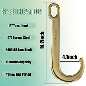 AODESTINY 2PCS 15" Heavy Duty J Hooks for Towing, Yellow Zinc Plated Tow J Hook Grade 70 Clevis J Hook for Transport Chain, 5400LBS Capacity Heavy Load