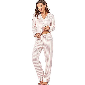 Serenedelicacy Women's Satin Pajama Set Long Sleeve Button Down Sleepwear 2-Piece Striped Silky Pj Set (Medium, Blush/Ivory, Stripe)