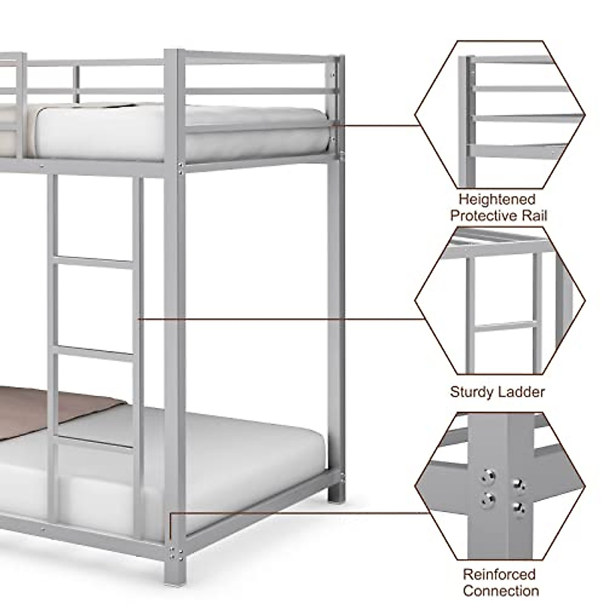 DORTALA Bunk Bed Twin Over Twin, Twin Bunk Beds w/Guardrail & Ladder, Metal Bunk Bed for Dormitory & Multiple-Child Family, Twin Bunk Beds for Toddler, Kids, Silver