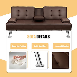 YESHOMY Futon Sofa Bed, Modern Faux Leather Convertible Folding Lounge Couch for Living Room with 2 Cup Holders Removable Soft Armrest and Sturdy Metal Legs, Black