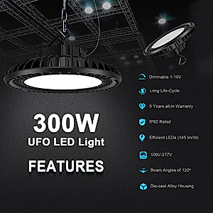 OPENLUX 300W UFO LED High Bay Lights 43,500lm (1200W MH/HPS Equiv.) 5000K 0-10V Dimmable High Bay LED Shop Lights UL Approved LED Warehouse Light AC100-277V