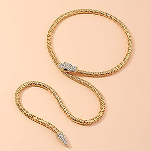 Snake Choker Necklace Bracelet Retro Adjustable Snake Shape Collar Necklace Curved Bar Design Full Rhinestone Accessories Halloween Statement Fashion Jewelry for Women-A necklace