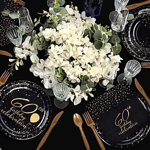 Gatherfun 60th Birthday Party Supplies Disposable Paper Plates Napkins Cups Knives Spoons Forks Tablecloth Banner Number 60 Balloons for Men Woman Black and Gold 60 Birthday Party Decorations Serve 25