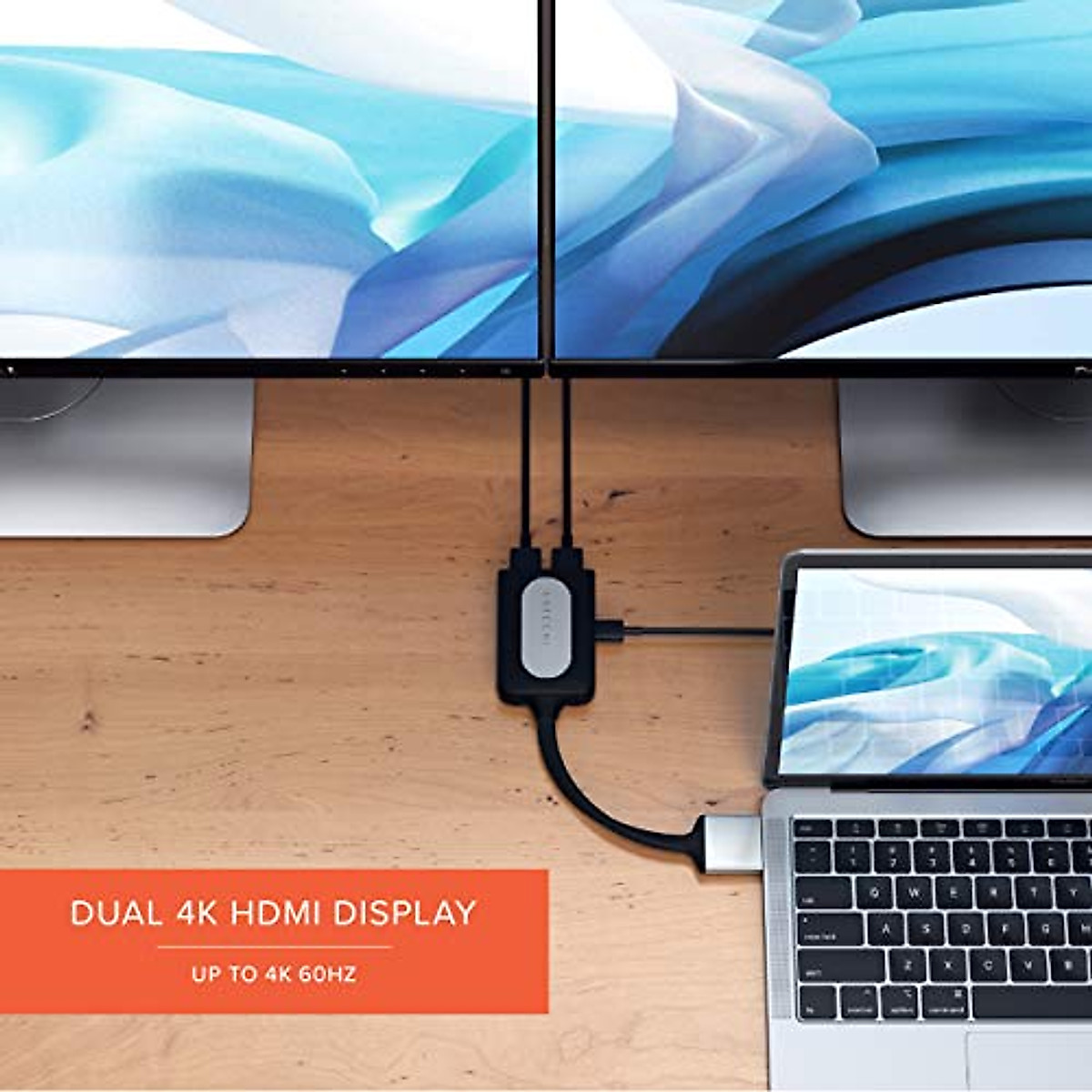 Satechi Aluminum Type-C Dual HDMI Adapter 4K 60Hz with USB-C PD Charging - for M2/ M1 MacBook Pro/Air (Silver)