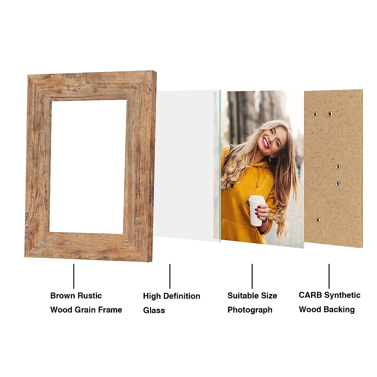 iRahmen 4x6 Picture Frame Set of 4, Rustic Brown with Real Glass 4 x 6 Photo Frames for Desktop Display and Wall Mounting