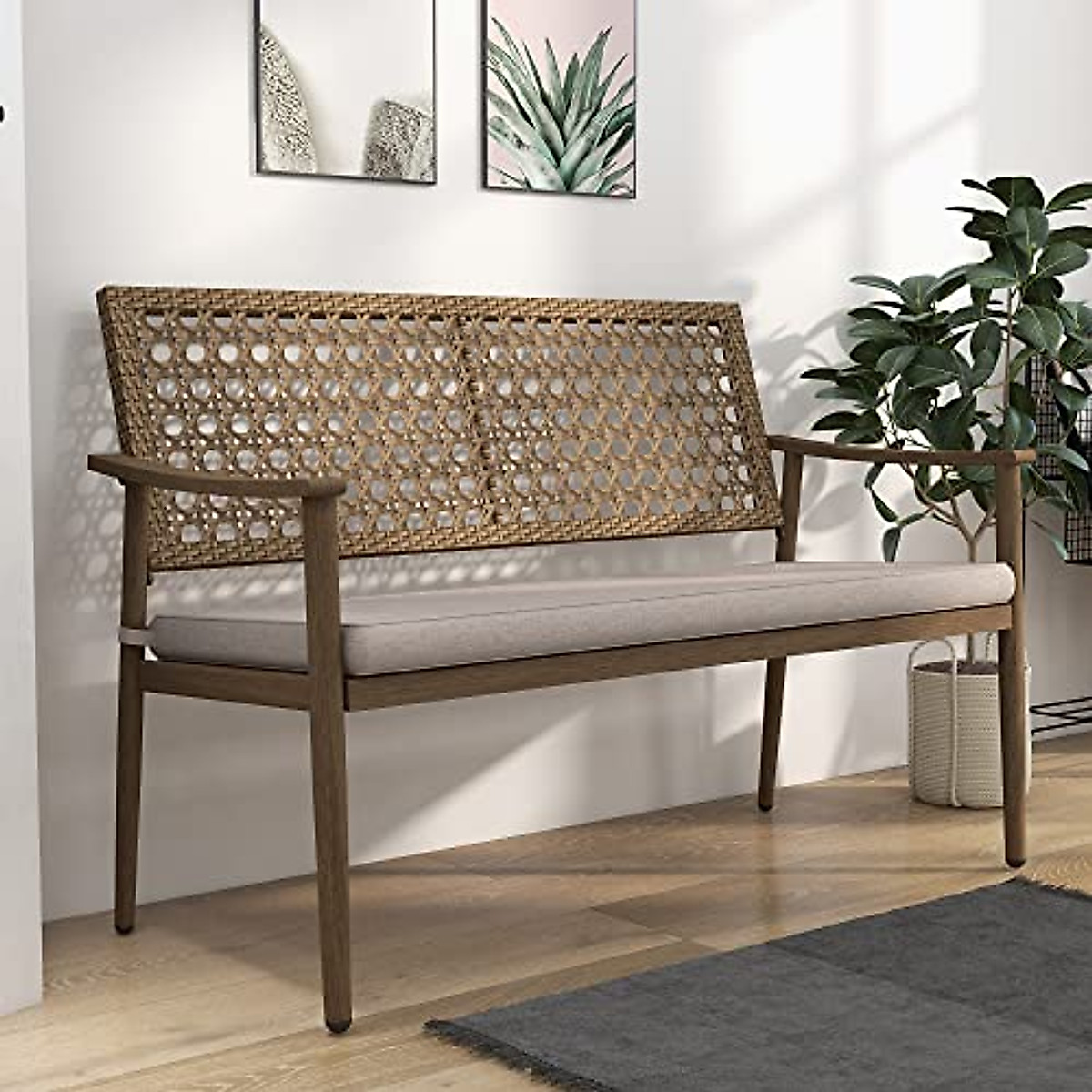 Grand patio Outdoor Bench, Wicker Rattan Garden Benches with Cushion, Patio Loveseat for Front Porch Backyard Outside Furniture Decor (Beige Cushion, Wicker Rattan)