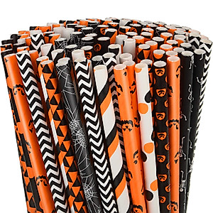 250 Pieces Halloween Drinking Straws Pumpkin Paper Straws Striped Paper Drinking Straws with Pumpkin Bat Spider Web Skeleton Pattern for Halloween Party Supplies, 10 Styles