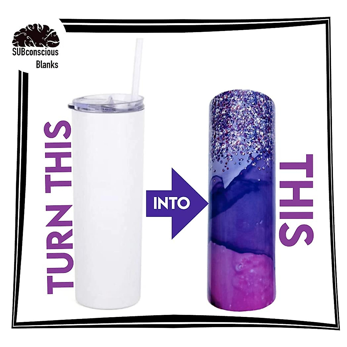 SUBconscious Blanks 20oz Sublimation Tumblers, Blank 4-Pack, Straight Skinny Drink Cups with 4 Reusable Plastic Straws and 4 Lids, Supports DIY Heat Transfers, Double Wall Stainless Steel, Travel Use