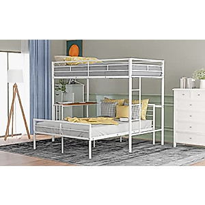 Tidyard Twin Over Full Metal Bunk Bed with Desk, Ladder and Quality Slats for Bedroom, Metallic White for Bedroom Dorm Guest Room Home Furniture