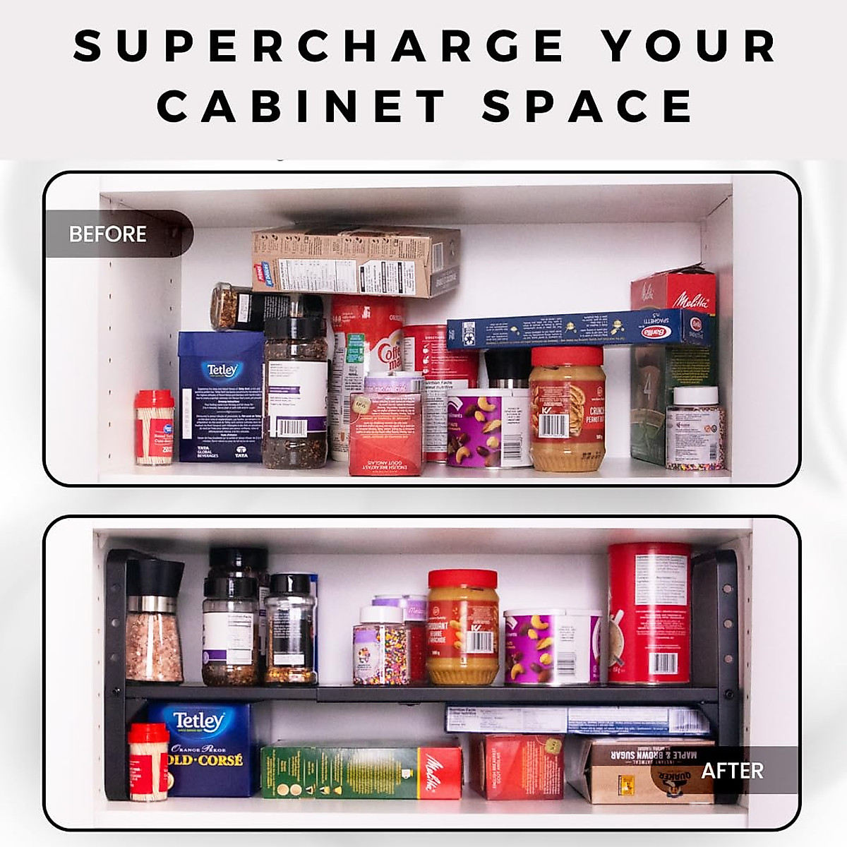 Expandable Kitchen Cabinet Shelf Organizers - Adjustable Height & Width Shelf Riser - Stackable Shelves - Pantry Shelf Organizer Rack - Cupboard Cabinet Storage Shelf Rack - Countertop Organizer