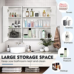 LOKO Large Bathroom Medicine Cabinet with Mirror, Wall Mounted Bathroom Cabinet with 3 Mirrored Doors & Adjustable Shelves, Triple Mirror Door Bathroom Wall Cabinet, 36 x 4.5 x 25.5 Inches