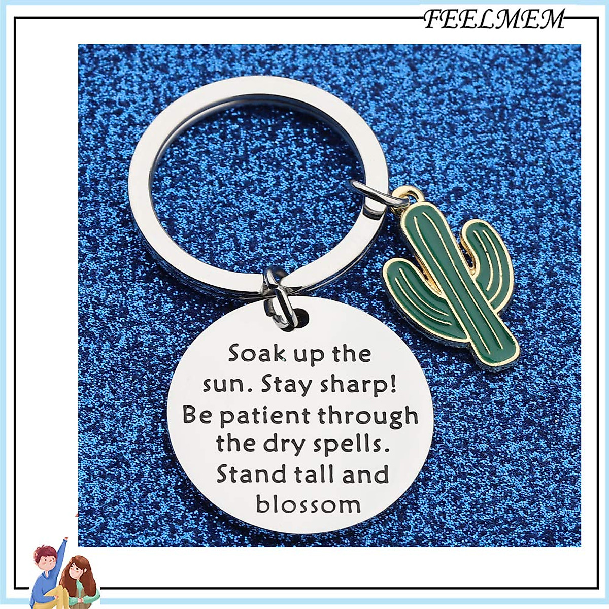 FEELMEM Saguaro Cactus Keychain Soak Up The Sun Stand Tall and Blossom Inspirational Cacti Charms Keychain for Friend Plant Lover Gift (silver)