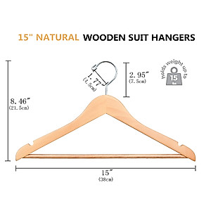 Amber Home 20 Pack 15" Natural Wooden Clothes Hangers for Woman, Teenager Clothing Hangers for Shirt Jacket, Solid Wood Dress Coat Hangers with Non Slip Pants Bar (Natural, 20)
