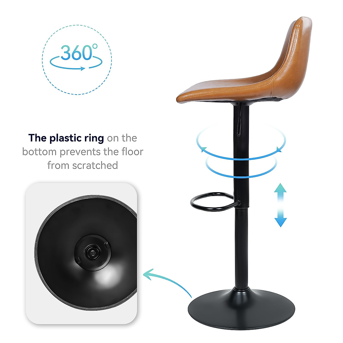 Nalupatio Bar Stools Set of 2, Modern PU Leather Adjustable Swivel Bar Stool, Counter Height Barstools for Home Kitchen Island, Brown