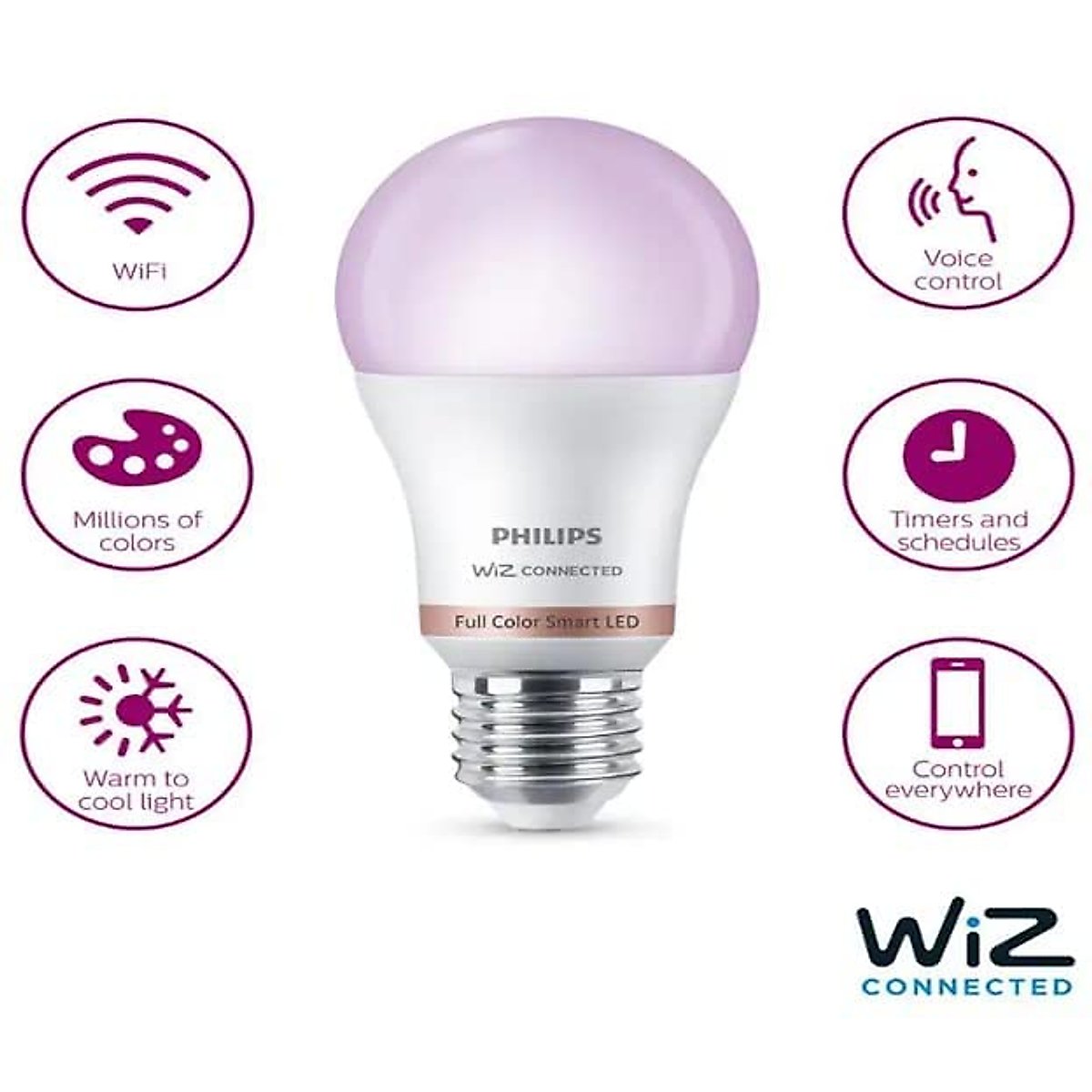 PHILIPS Color and Tunable White A19 LED 60W Equivalent Dimmable Wi-Fi Wiz Connected Smart LED Light Bulb, Easy Control with App or Voice, Works with Alexa, Google Assistant, Siri Shortcuts (4-Pack)