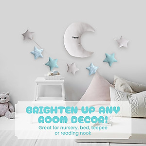 Perfectto Design Kid’s Moon Decorative Pillow, Stars Garland for Girls Toddler Room - Fluffy Moon, Stars Wall Decor, Soft Cute Throw Pillow for Bed, Bedroom Boho Teepee Ornament Decoration