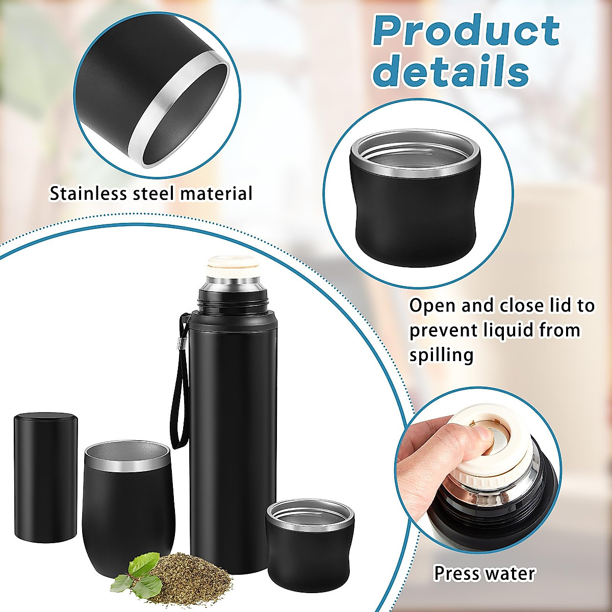 Suclain 5 Pcs Complete Yerba Mate Kit Yerba Mate Cup 34 Oz/1005 ml Stainless Steel Thermal Water Bottle, Tea Can, Bombilla and Straw Brush, for Travel Christmas Gift Father, Black