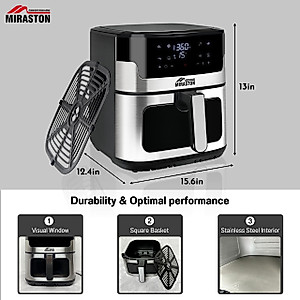 MIRASTON 8.5QT Air Fryer, Upgraded 8-in-1 Square Nonstick Basket Air Fryers, Smart Touchscreen with 8-Presets, Air Fry, Bake, Broil, Reheat, Fast Cooking, Oilless, Dishwasher-Safe, for Family, Parties