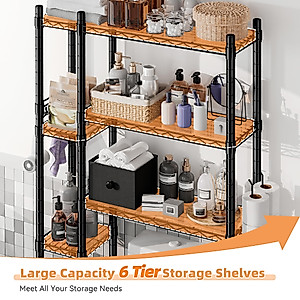 REIBII Over The Toilet Storage Cabinet, 6 Tier Over The Toilet Shelf with Adjustable Feet, Bathroom Over Toilet Storage with 4 Hooks & 2 Paper Holders, Black