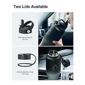 BUZIO 40 oz Insulated Water Bottle Tumbler with Straw and Lids (2 Lids), 40oz Stainless Steel Water Bottles Fits in Any Car Cup Holders, Large Capacity Metal Coldest Flask, Cupholder Friendly, Shadow