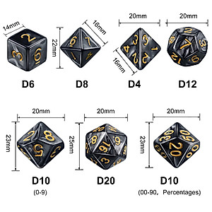 EBOOT Polyhedral 7-Die Dice Set for Dungeons and Dragons with Black Pouch (Black Gray)